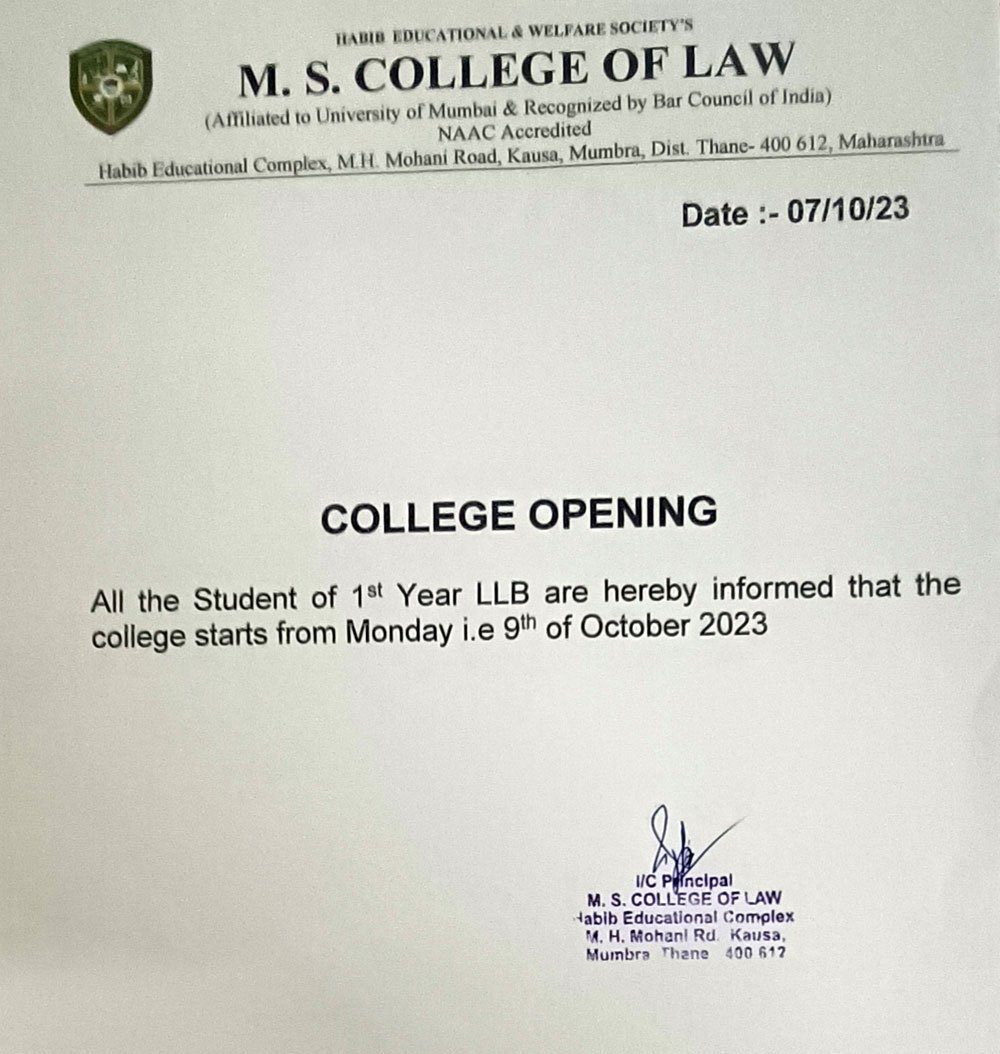 Notice : College Opening - M.S. College of Law